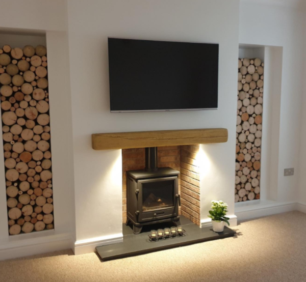Media Wall with Log Burner | TV Above & Real Log Burner